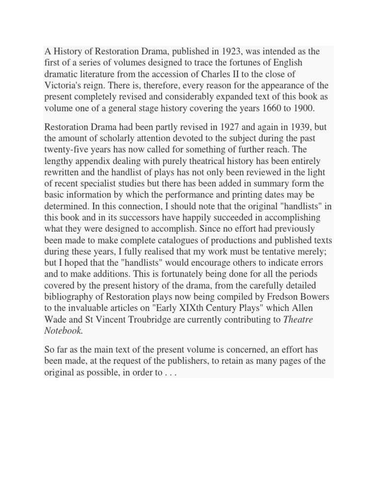 A History of Restoration Drama | PDF | Theatre