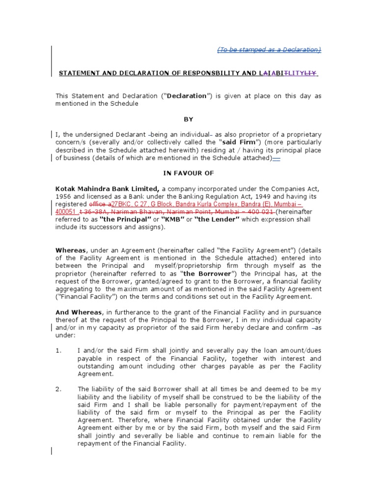 Declaration of Responsibility and Liability | PDF | Joint And Several ...