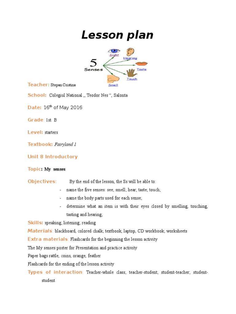 Lesson Plan: Exploring My Senses | PDF | Senses | Lesson Plan