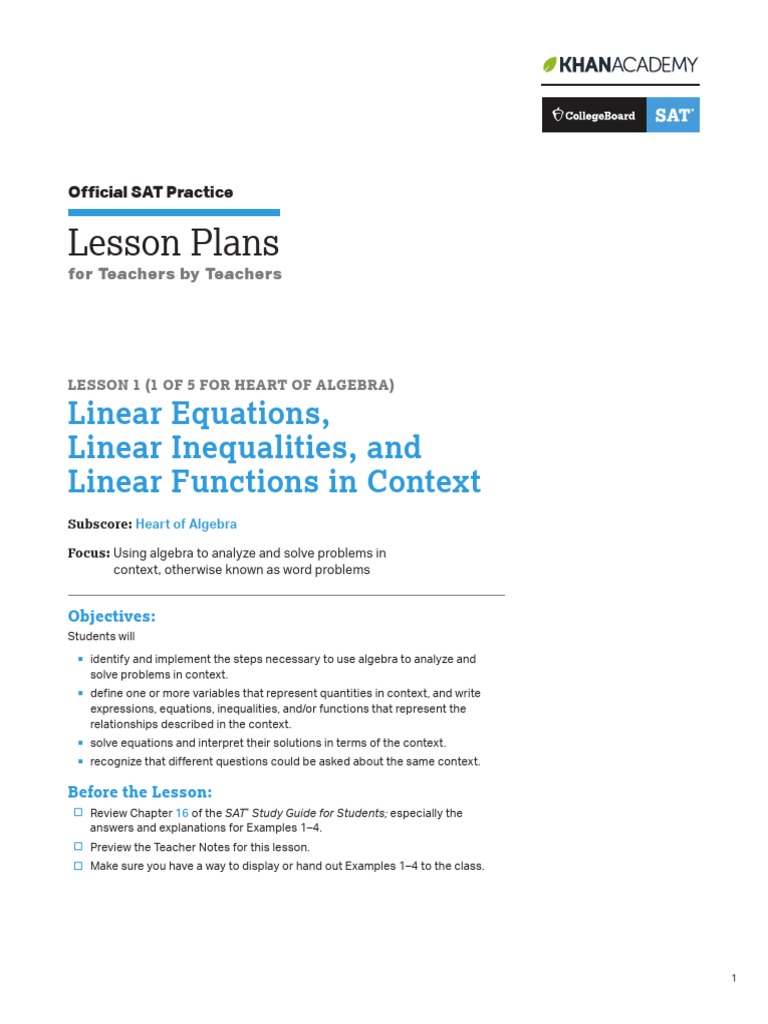 PDF - Official Sat Practice Lesson Plan Math Linear Equations Part One ...