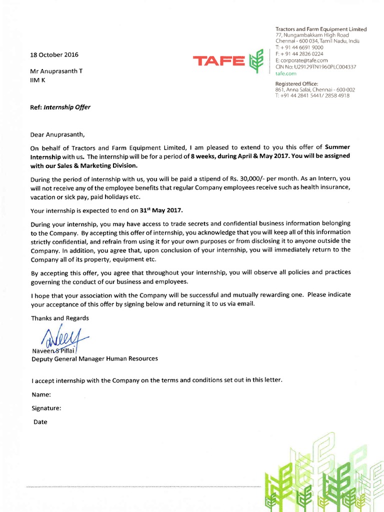 "T:AFE: On of Am You This Offer Will With Will of | PDF | Internship ...