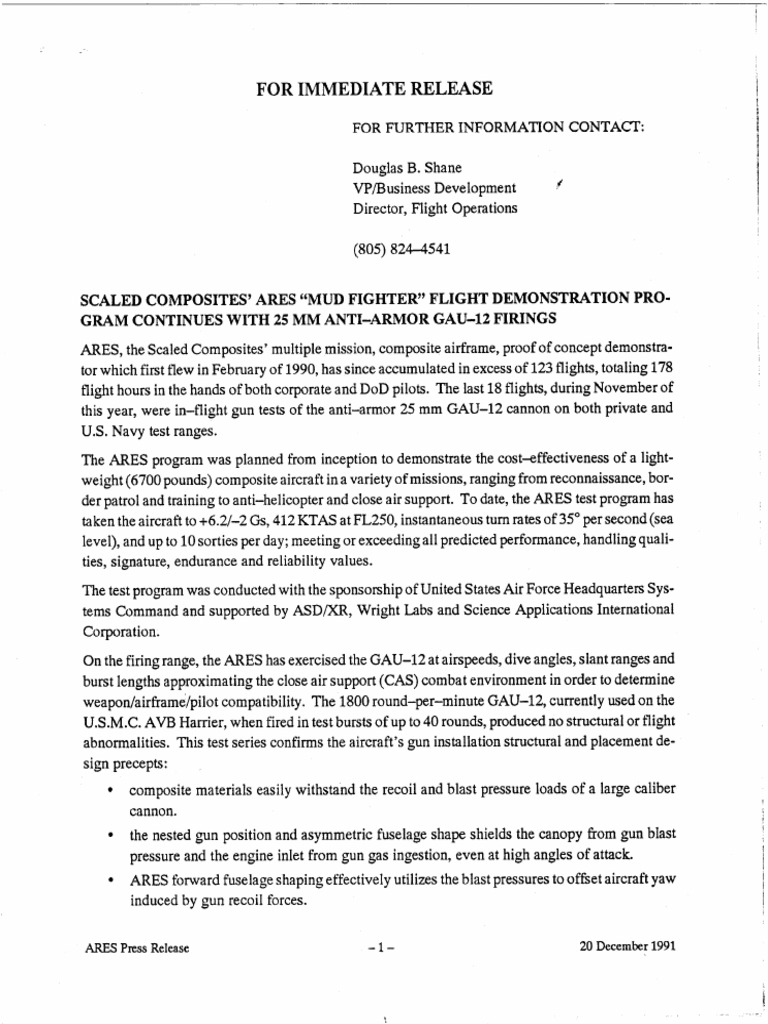 Scaled Composites ARES Fact Sheets | PDF