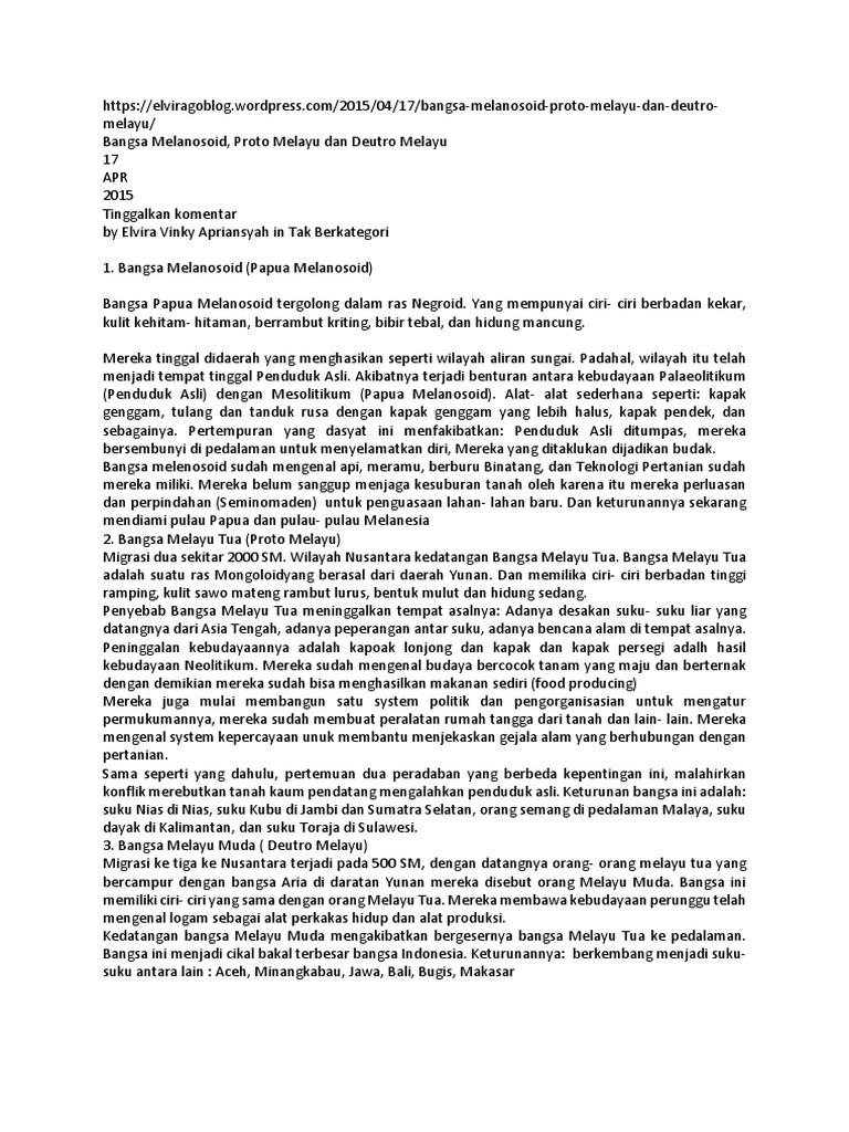 Bangsa Melanosoid, Proto Melayu Dan Deutro Melayu | PDF
