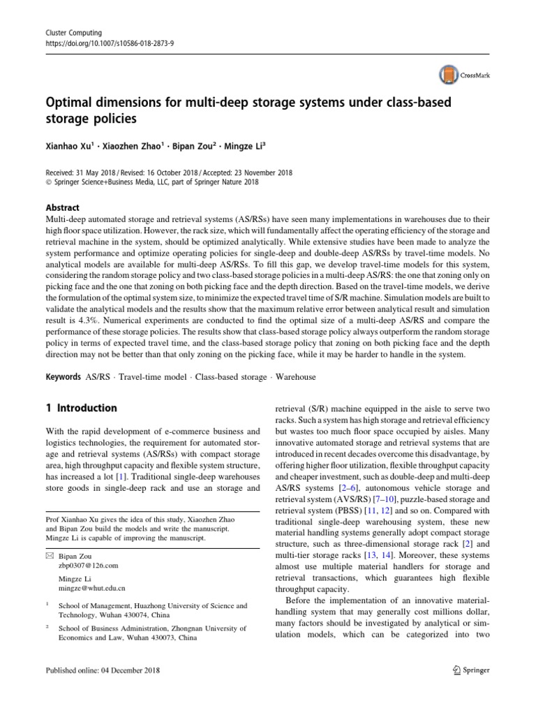 Optimal Dimensions For Multi-Deep Storage Systems Under Class-Based Storage Policies | PDF ...