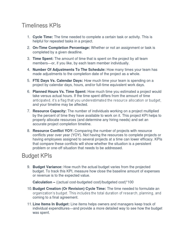 Timeliness Kpis: Calculation - ( (Actual Cost-Budgeted Cost) /budgeted ...