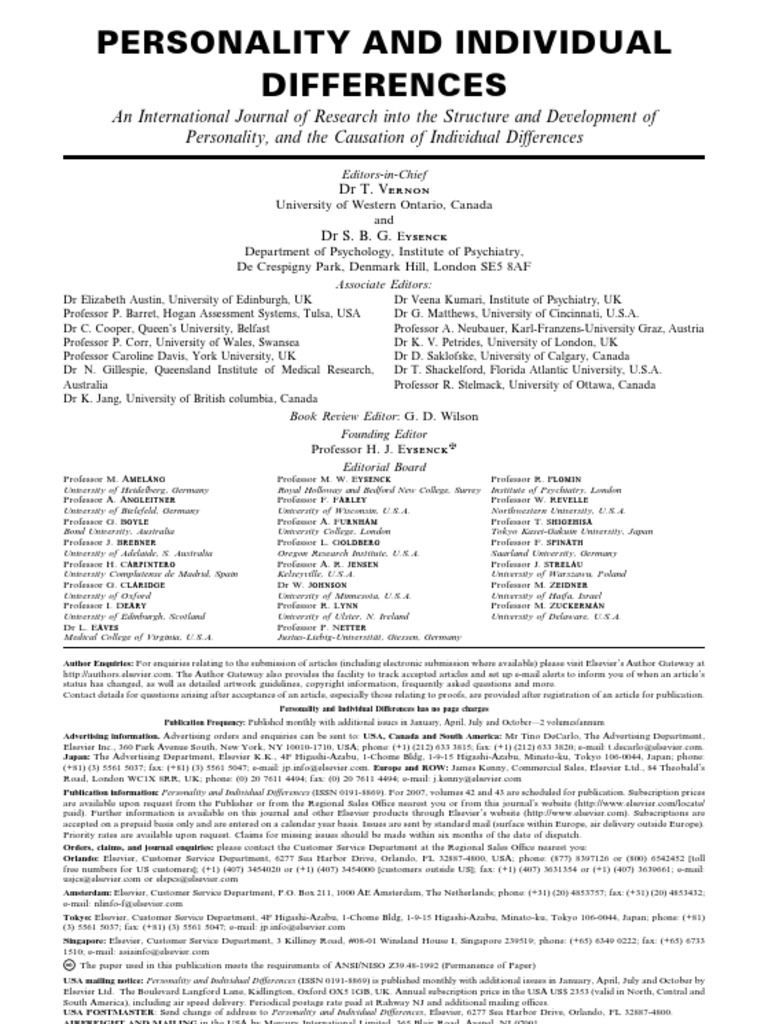 Editorial Board Publication Information 2007 Personality and Individual ...