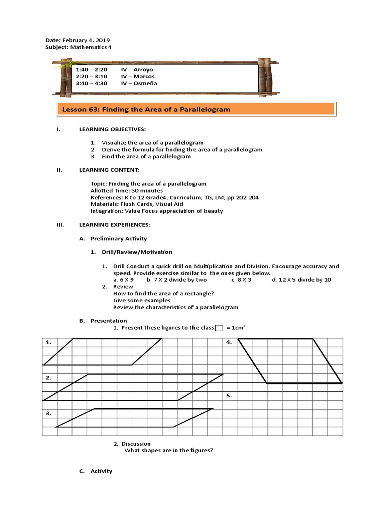 Lesson 63 Finding The Area of A Parallelogram | PDF | Area | Learning