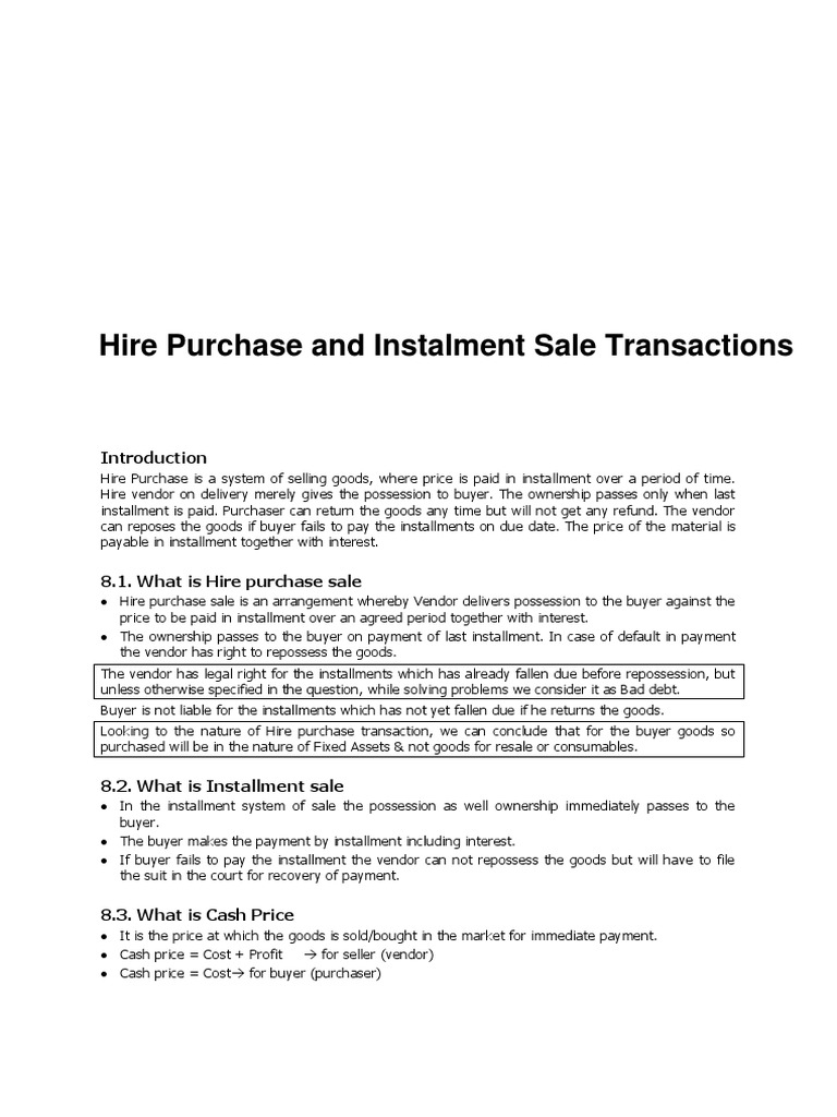 Hire Purchase Short Notes | PDF | Debits And Credits | Interest