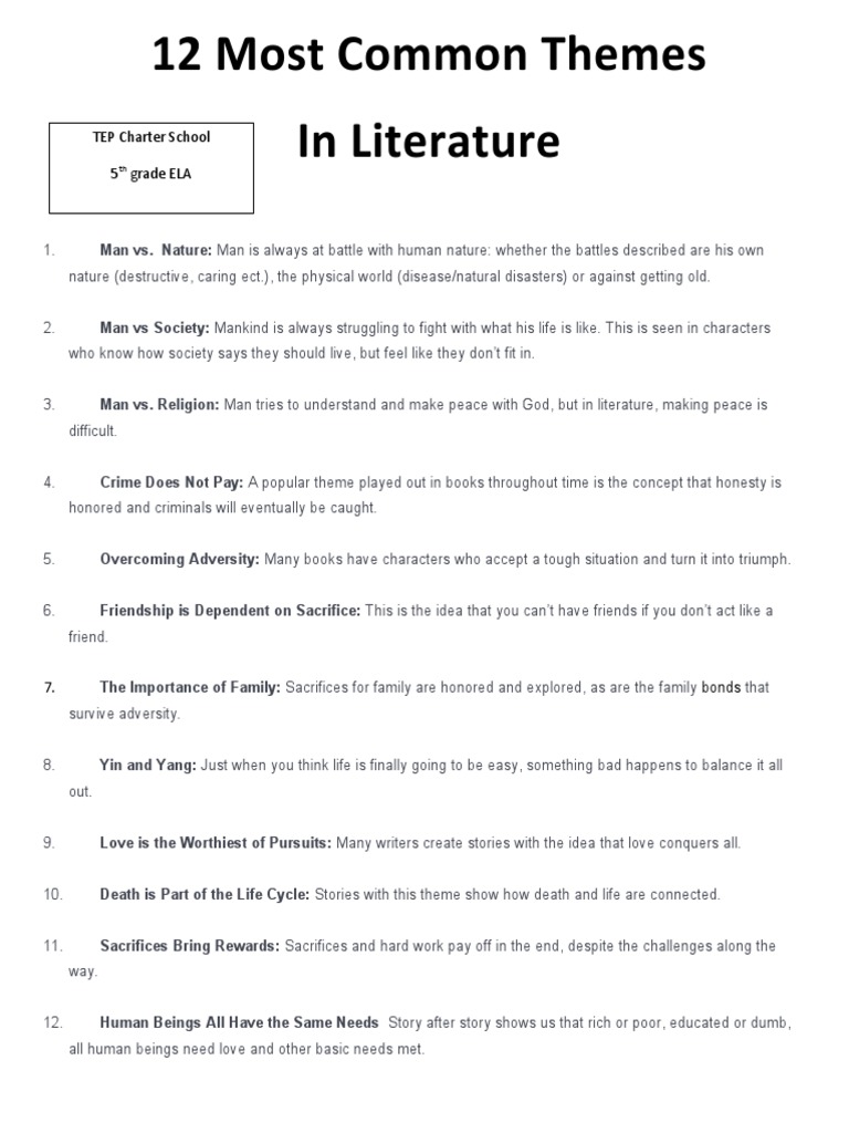 12 Most Common Themes in Literature: TEP Charter School 5 Grade ELA ...