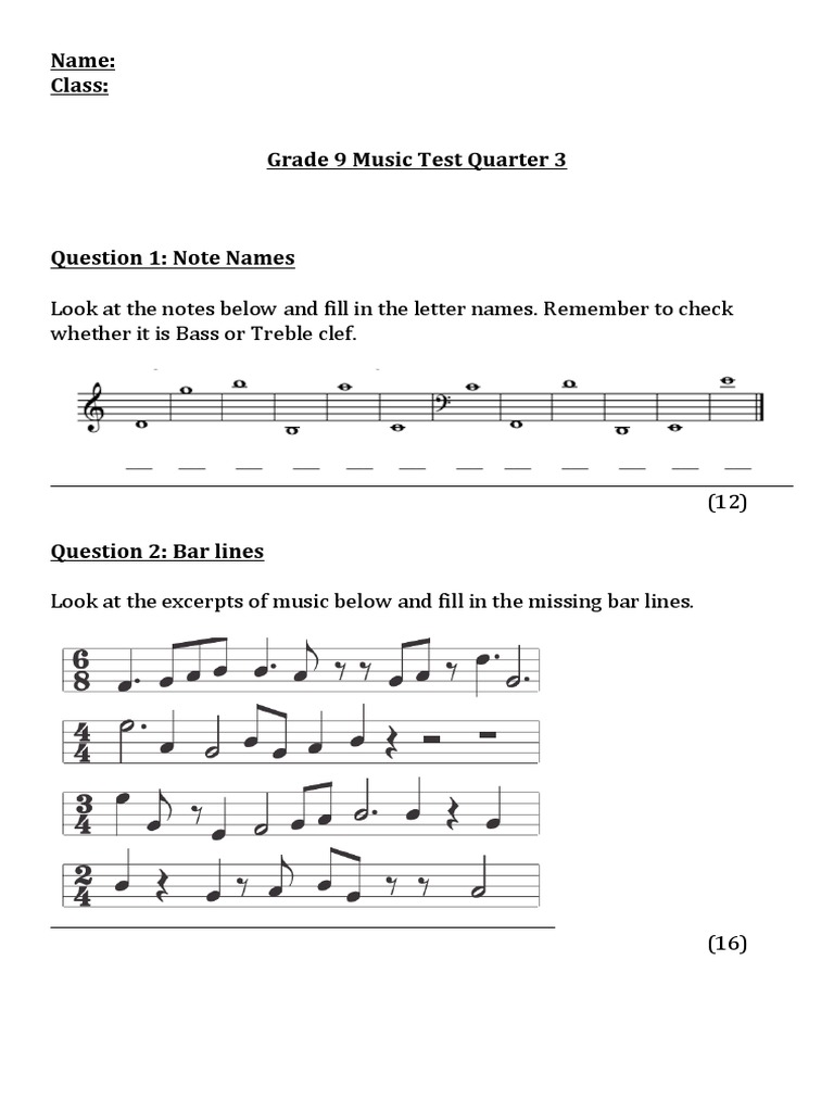 Grade 9 Music Test: Quarter 3 | PDF | Clef | Elements Of Music