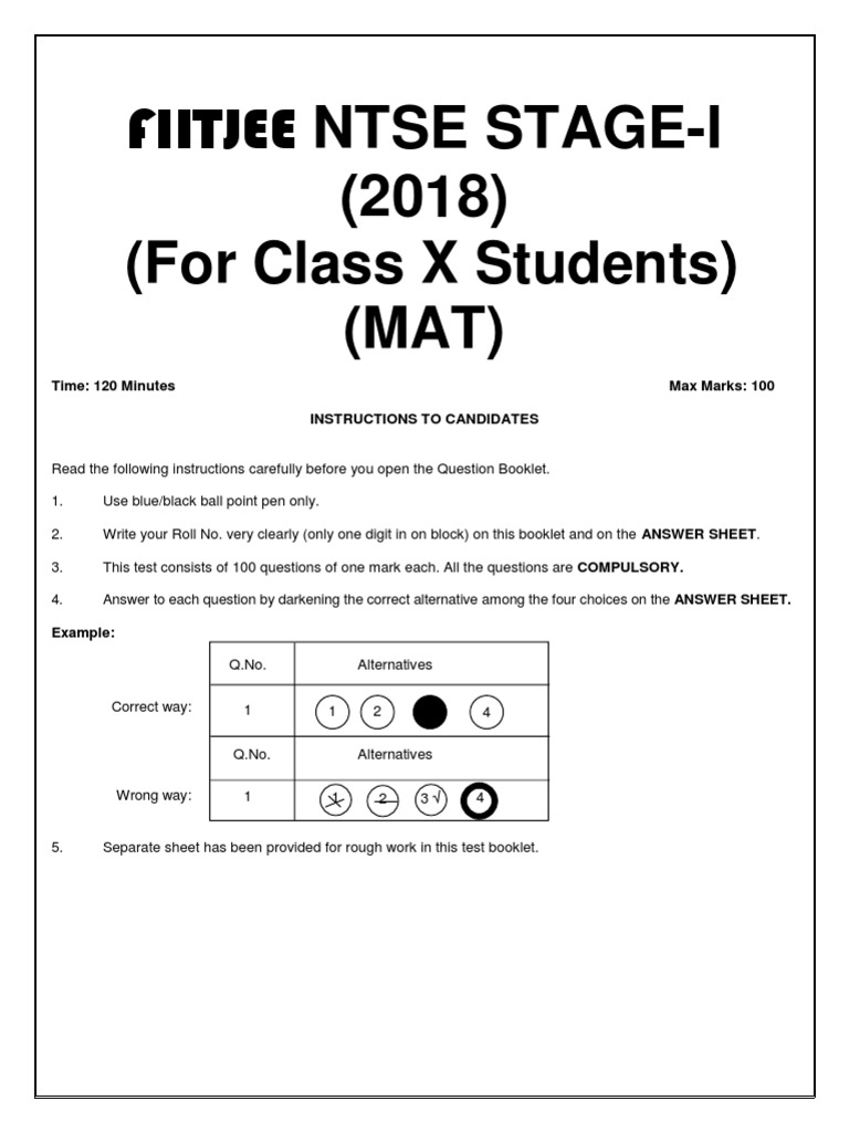 Fiitjee Ntse Stage-I: (For Class X Students) (MAT) | PDF | Mathematical Objects | Elementary ...