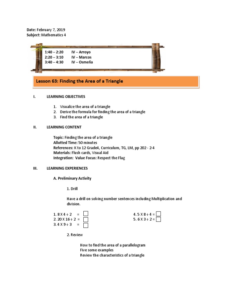 Area of a Triangle Lesson Plan | PDF | Area | Triangle