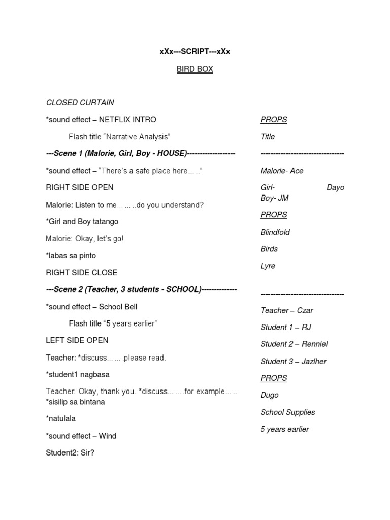 Bird Box Script For Role Play | PDF | Violence | Leisure