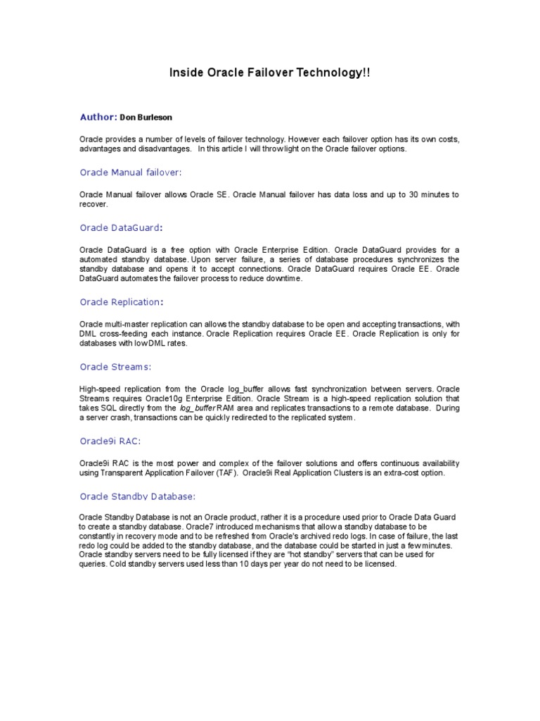 Inside Oracle Failover Technology | PDF