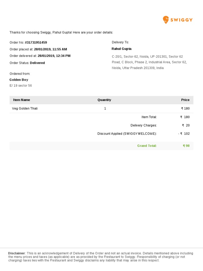 Rahul Gupta: Thanks For Choosing Swiggy, Rahul Gupta! Here Are Your ...
