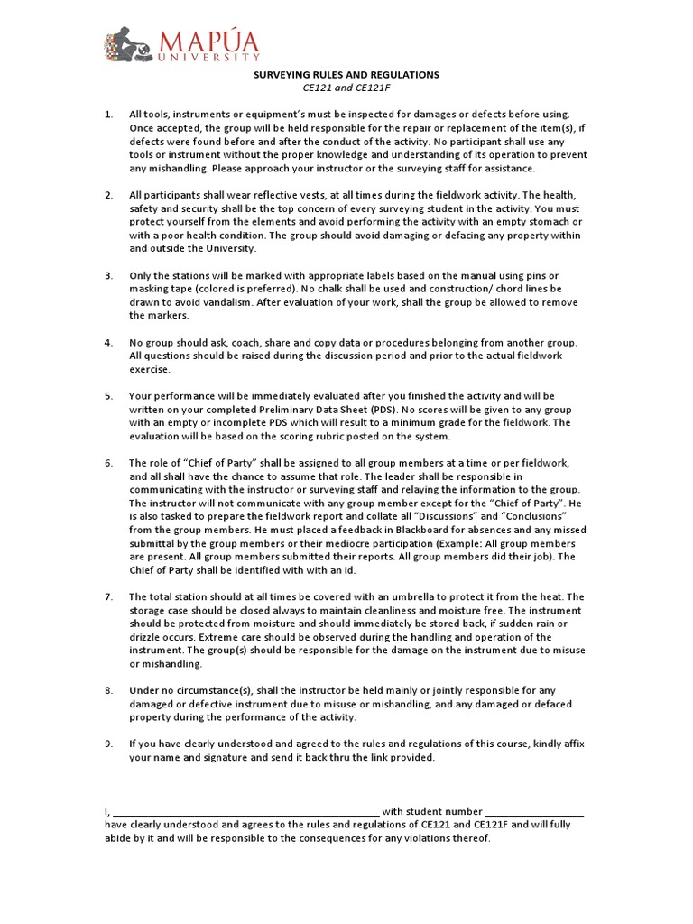 Surveying Rules and Regulations: CE121 and CE121F | PDF | Field ...