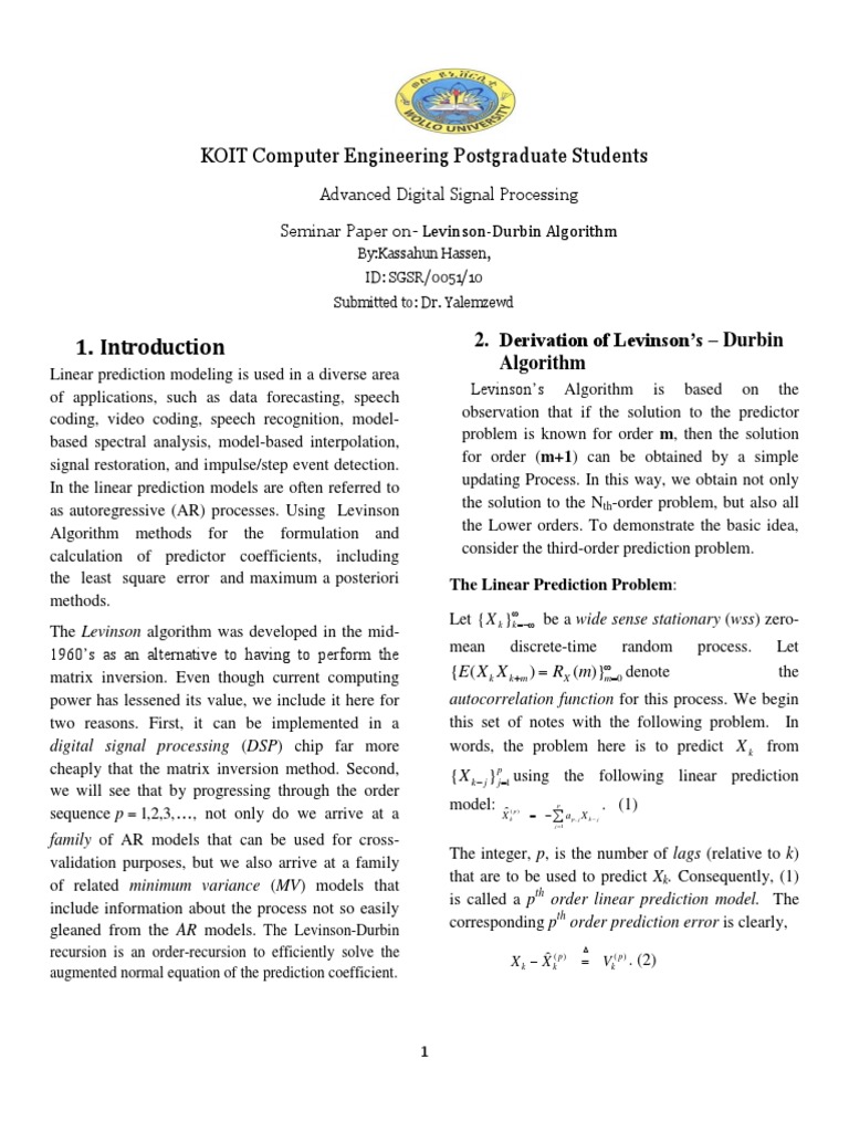 KOIT Computer Engineering Postgraduate Students: 2. Derivation of Levinson's - Durbin Algorithm ...