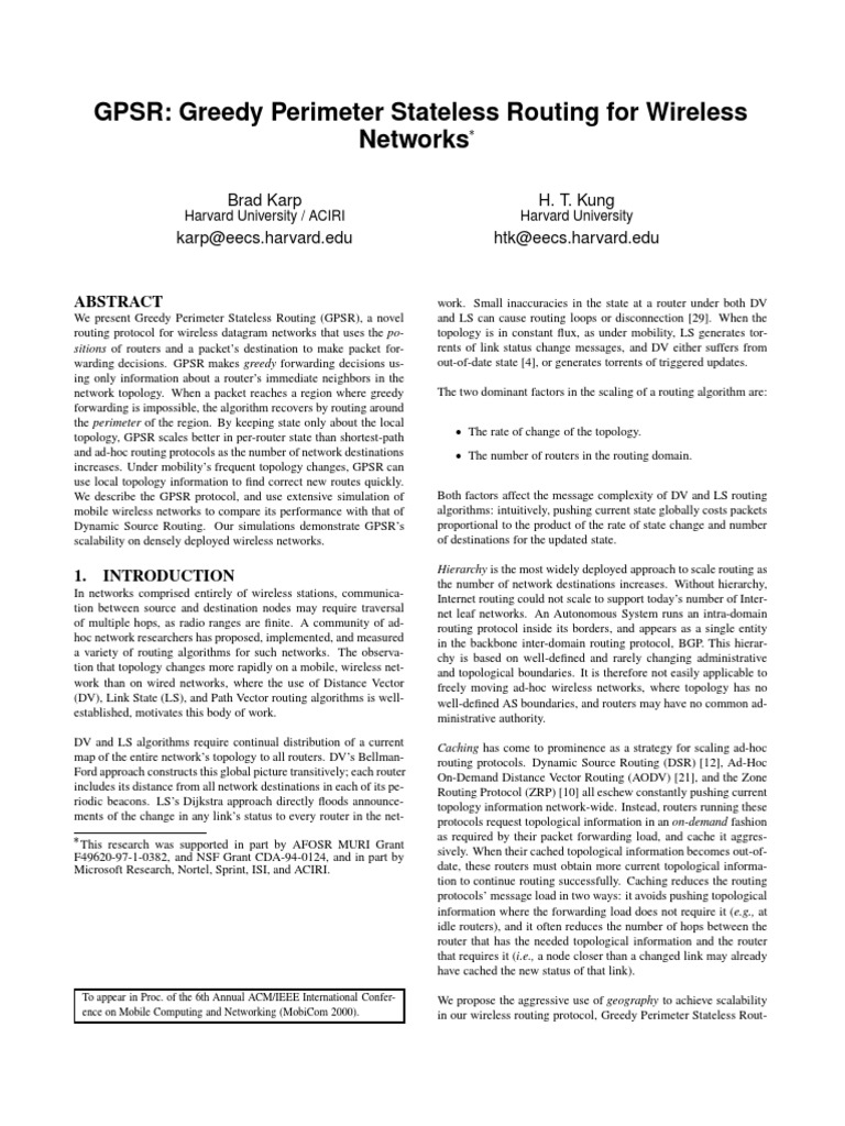GPSR: Greedy Perimeter Stateless Routing For Wireless Networks | Download Free PDF | Routing ...