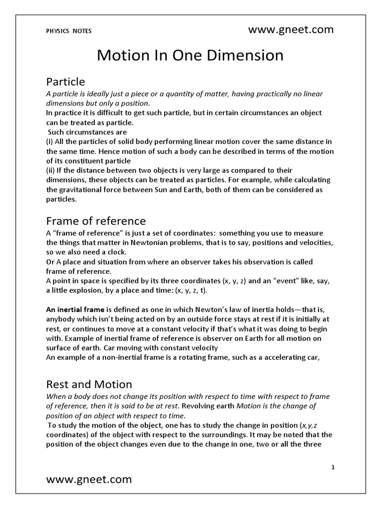 Motion in One Dimension: Physics Notes | PDF | Velocity | Acceleration