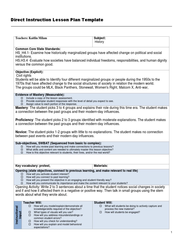 Direct Instruction Lesson Plan Template: History | Download Free PDF ...