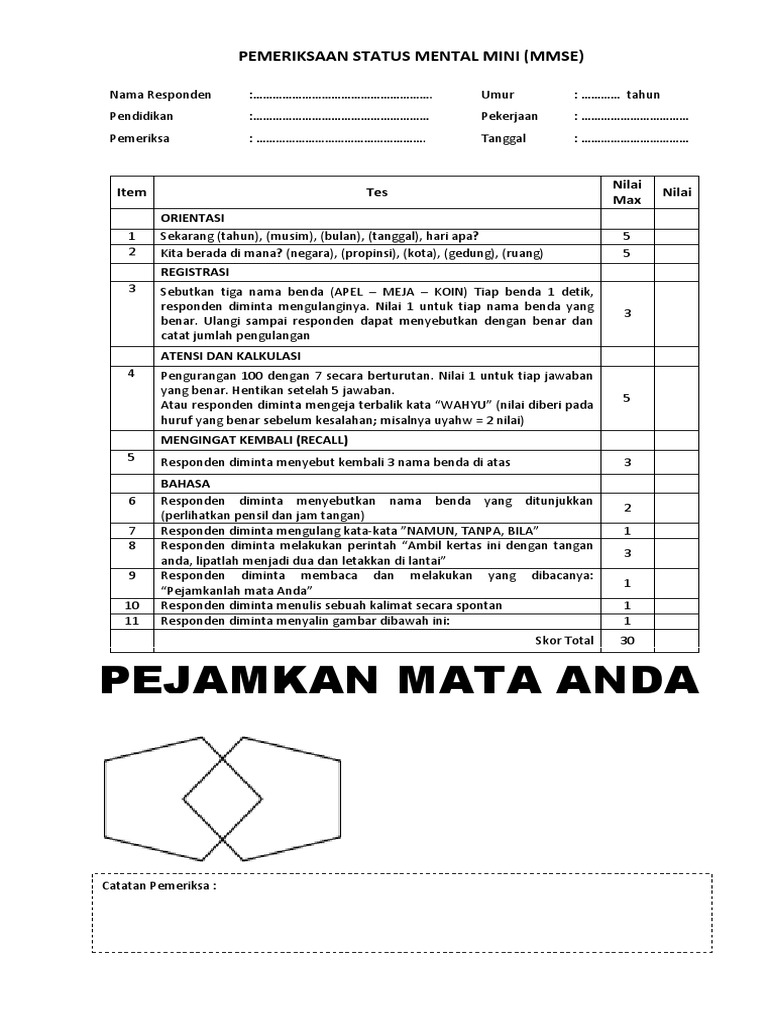 Mmse Pemeriksaan Status Mental Mini | PDF