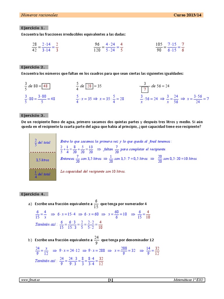 Ejercicios de Fracciones 1º ESO | PDF | Fracción (Matemáticas ...