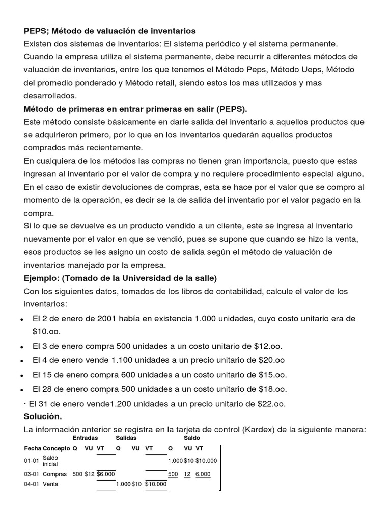 Metodos de Valuacion de Inventarios - Peps - Ueps -Ppp | Inventario | Valoración empresarial