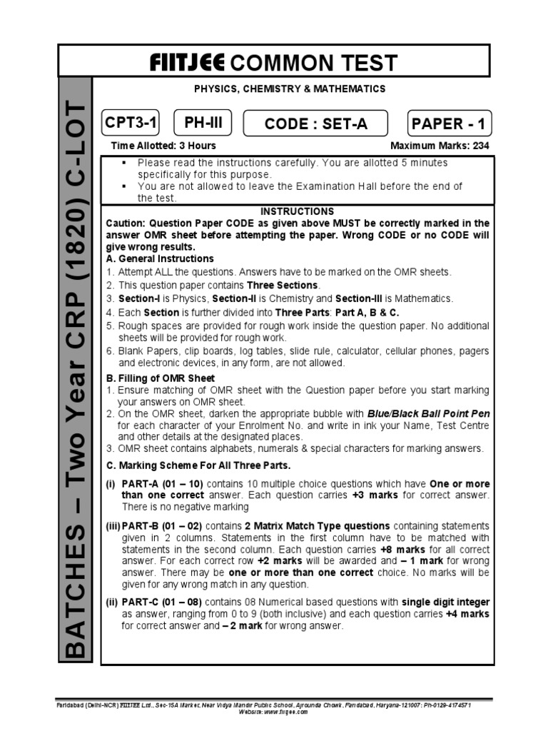 FIITJEE COMMON TEST PHYSICS, CHEMISTRY & MATHEMATICS | PDF | Gases ...