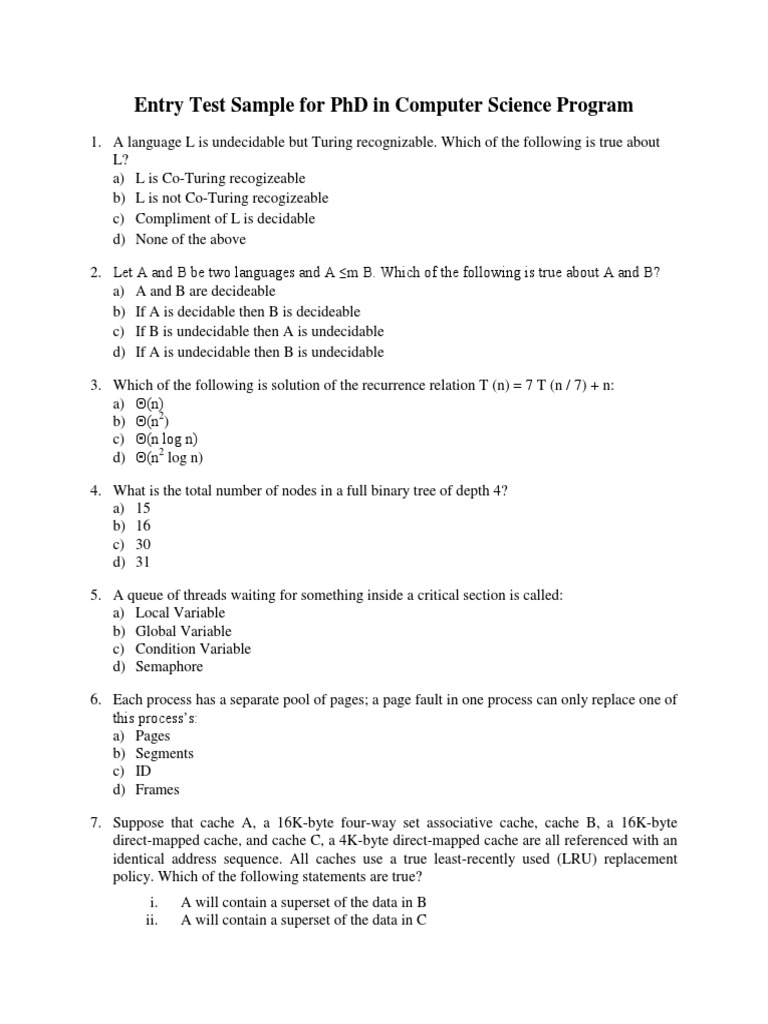 Entry Test Sample For PHD in Computer Science Program | PDF