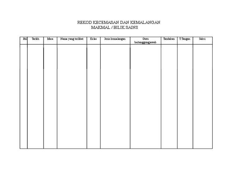 Contoh Rekod Kecemasan Dan Kemalangan BILIK SAINS | PDF