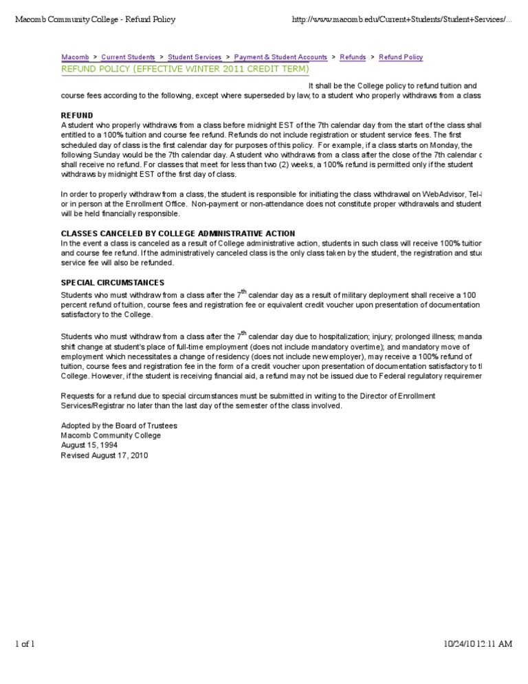 Macomb Community College - Refund Policy | PDF | Tuition Payments | Fee