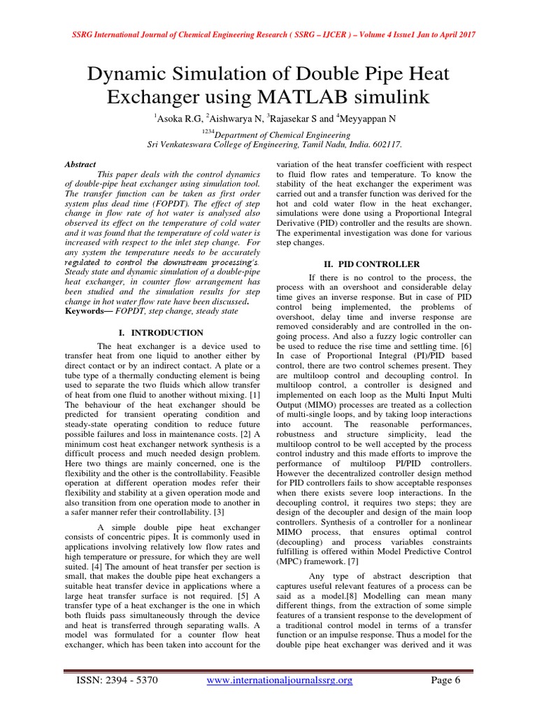 Dynamic Simulation of Double Pipe Heat Exchanger Using MATLAB Simulink ...
