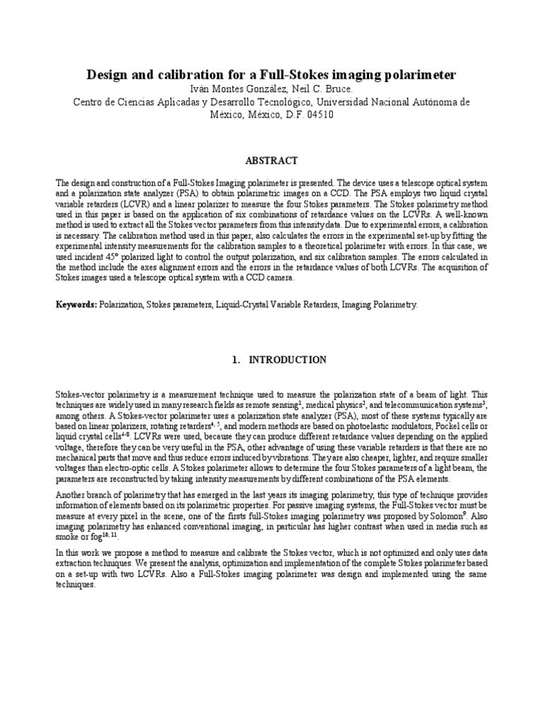 Design and Calibration For A Full-Stokes Imaging Polarimeter | PDF ...
