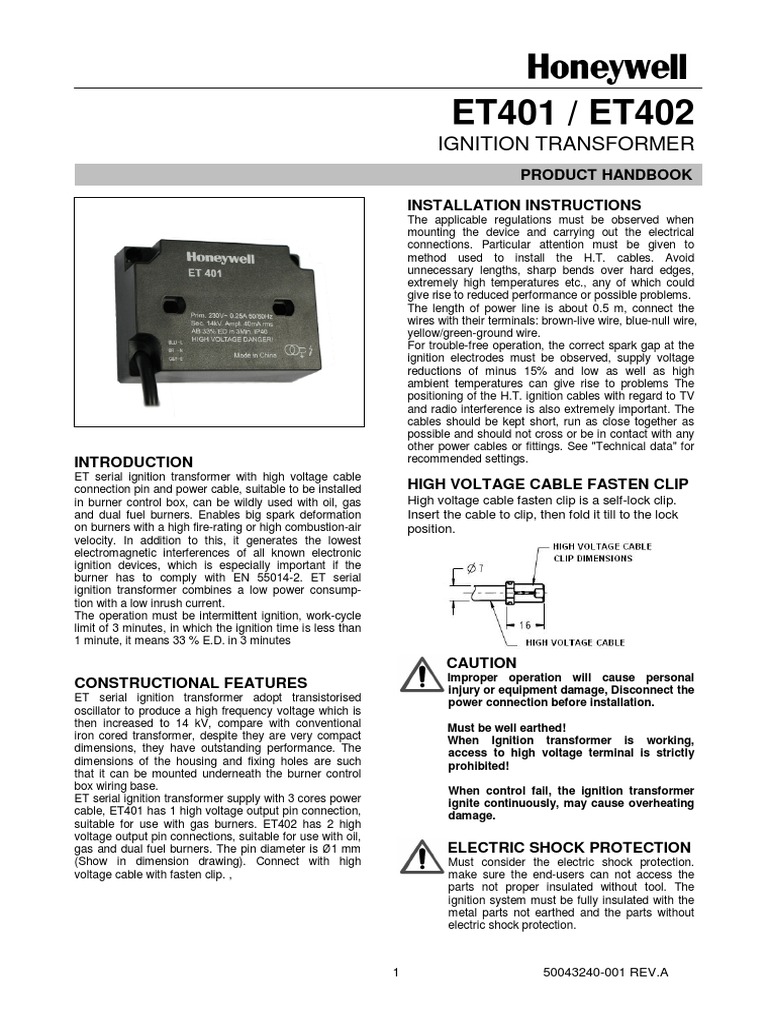ET401 / ET402: Ignition Transformer | PDF | Ignition System | Transformer