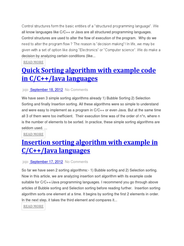 Quick Sorting Algorithm With Example Code In Ccjava Languages Pdf Logic Gate