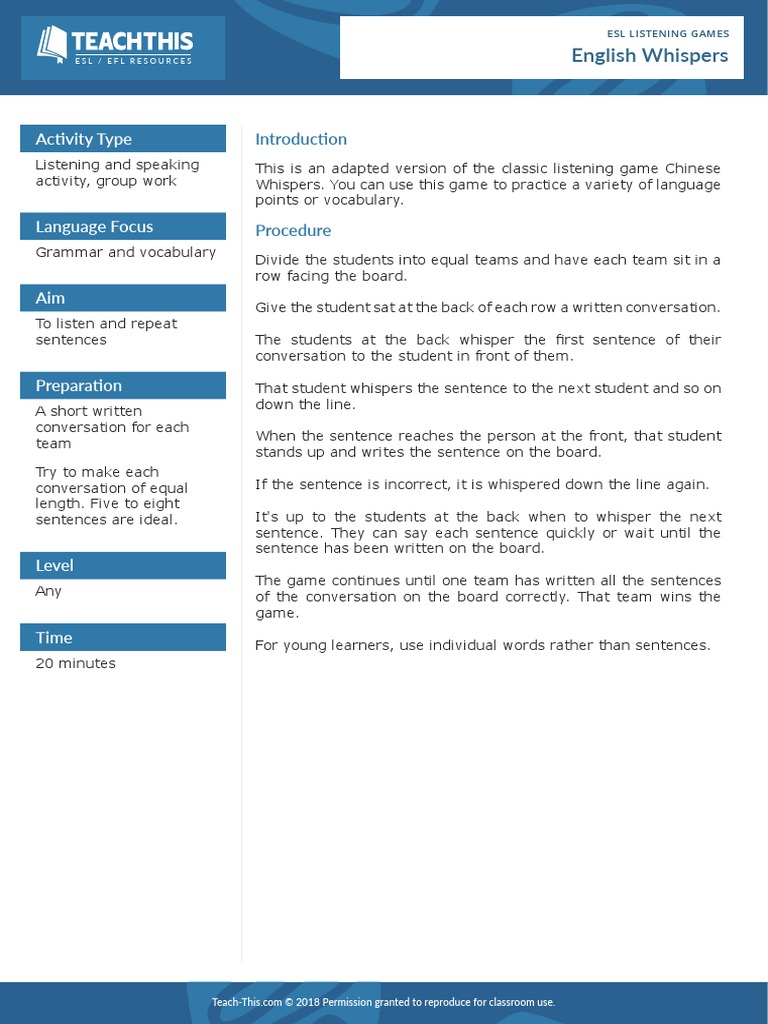 English Whispers: Activity Type | PDF