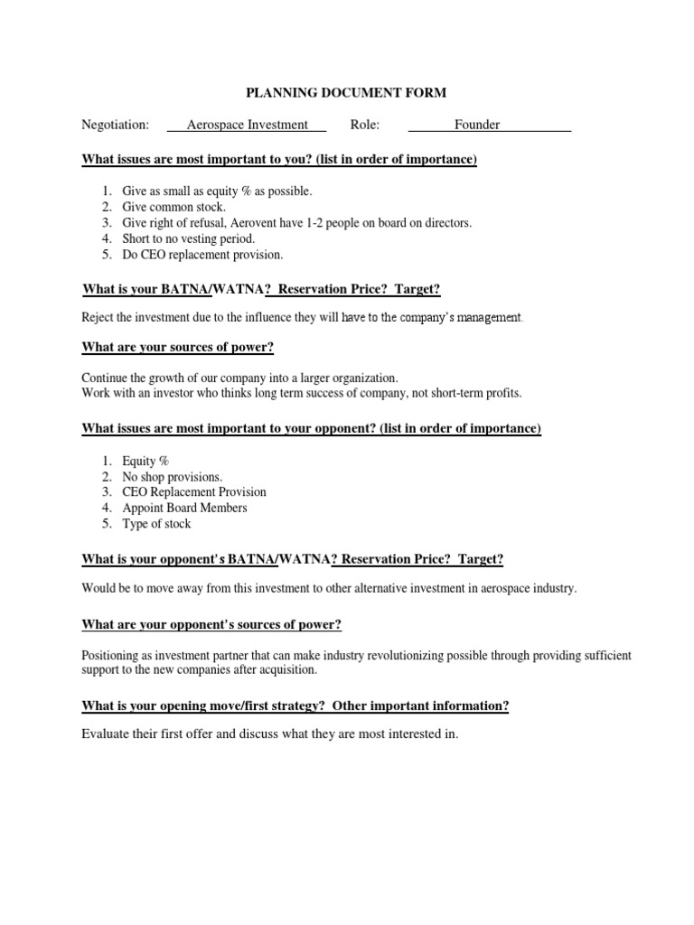 Negotiation: Aerospace Investment Role: Founder | PDF | Investing | Stocks