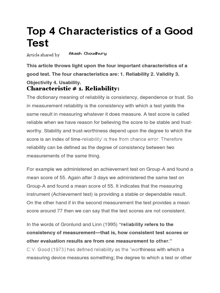 Top 4 Characteristics of A Good Test: Characteristic # 1. Reliability ...