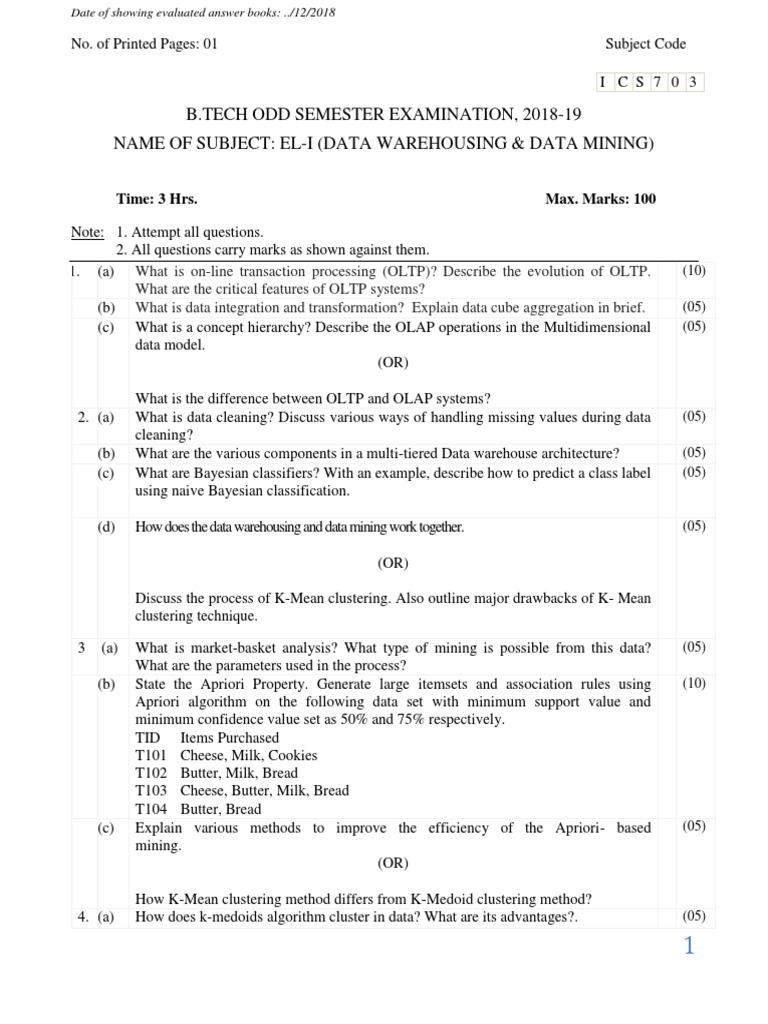 B.Tech Odd Semester Examination, 2018-19 Name of Subject: El-I (Data Warehousing & Data Mining ...
