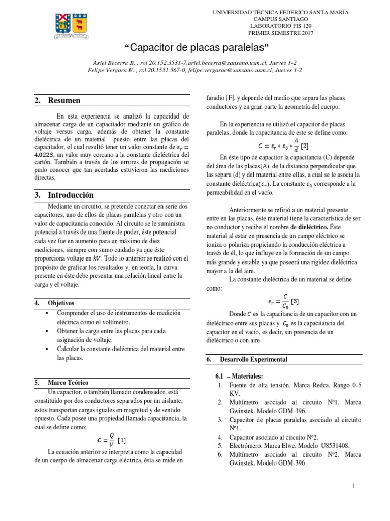 Informe Capacitor de Placas Paralelas | PDF | Capacidad | Condensador