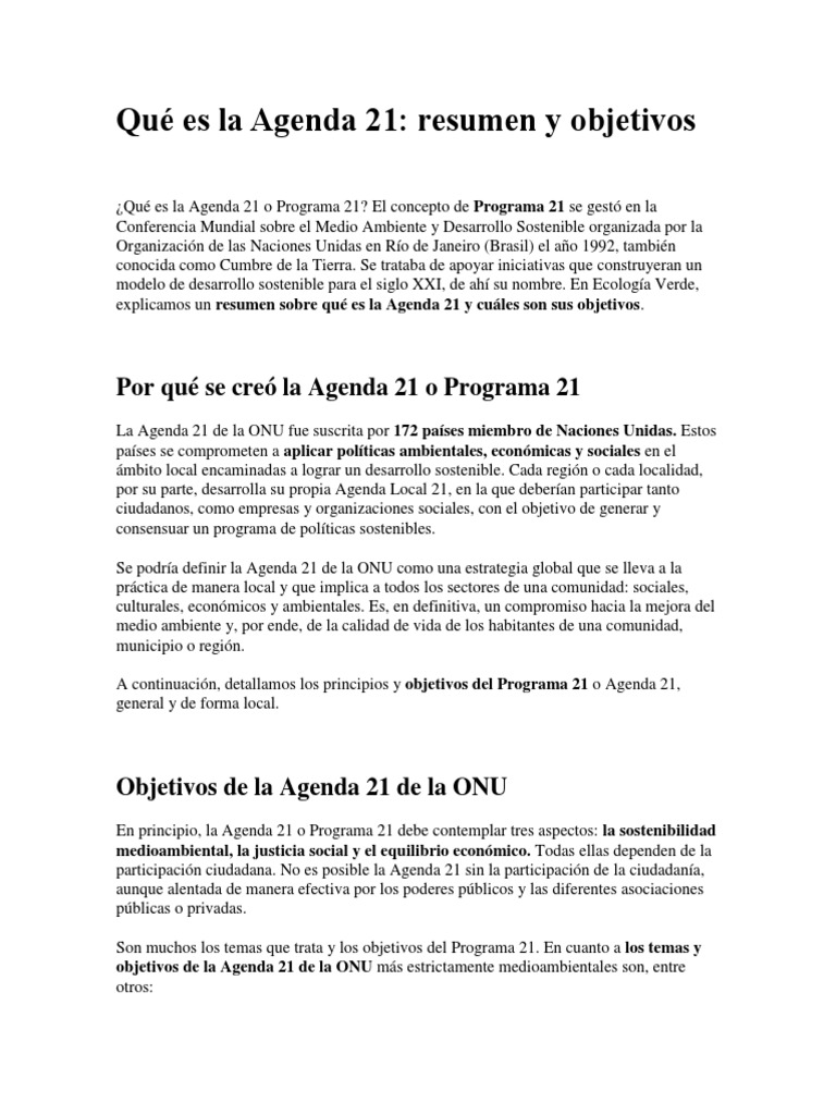 Qué Es La Agenda 21 | PDF | Desarrollo sostenible | Naciones Unidas