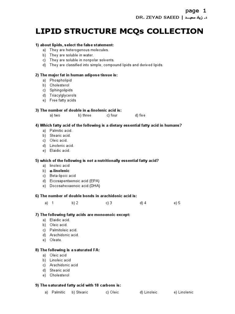 Lipid Structure MCQs: A Collection of Multiple Choice Questions on the ...