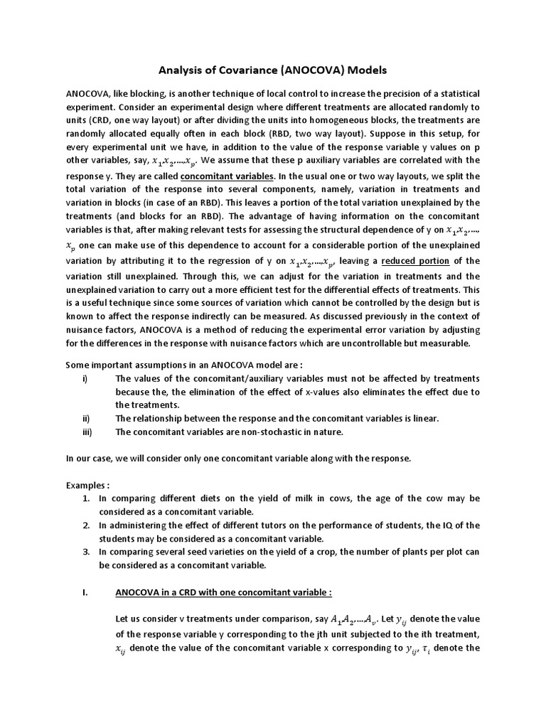 Analysis of Covariance (ANOCOVA) Models: I. ANOCOVA in A CRD With One Concomitant Variable | PDF ...