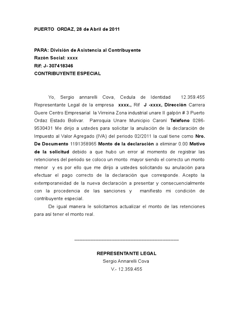 Ejemplo de Carta Anulacion Seniat | PDF | Gobierno