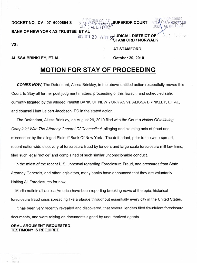 Motion For Stay of Proceeding (Alissa Brinkley) | PDF | Foreclosure | Fraud