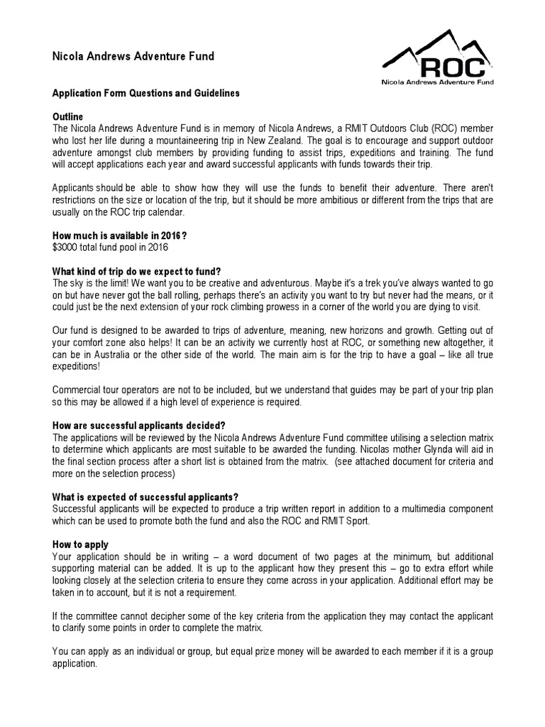 Nicola Andrews Adventure Fund: Application Form Questions and ...