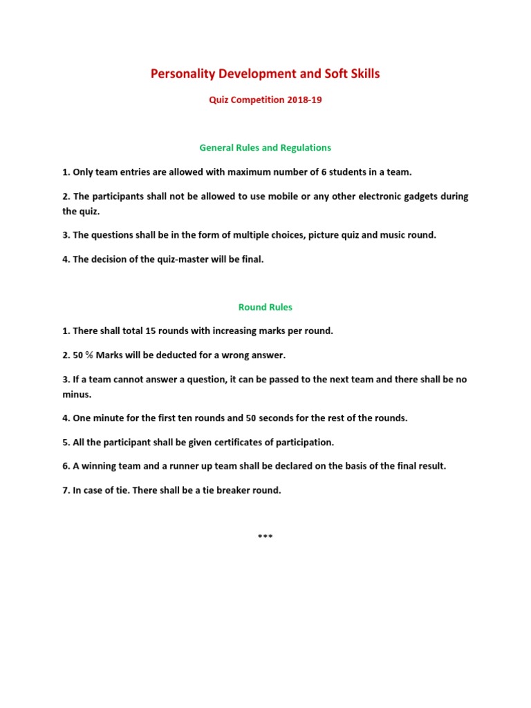 Personality Development and Soft Skills: Quiz Competition 2018-19 | PDF