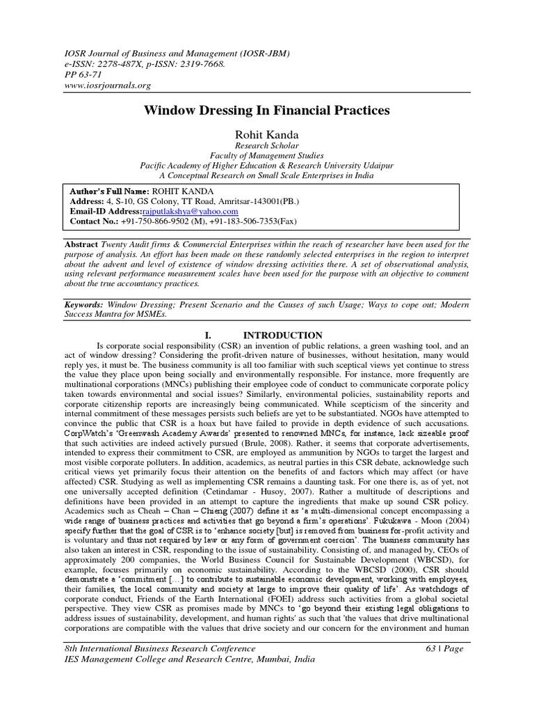 Window Dressing in Financial Practices | PDF | Corporate Social ...