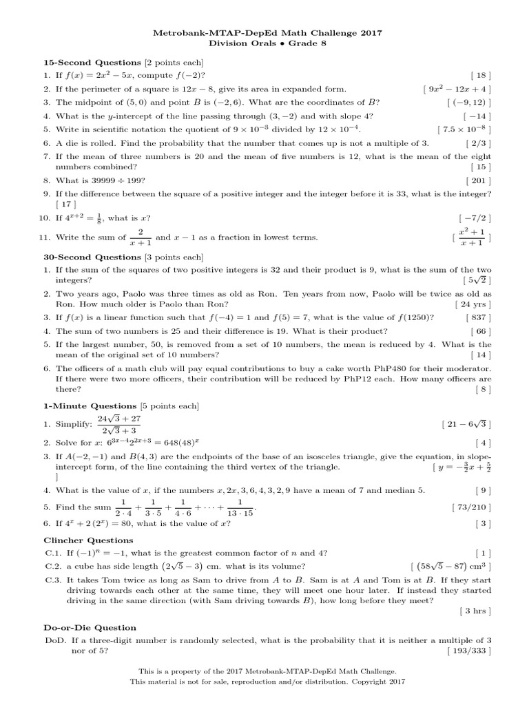 Grade 8 Division Finals Questions PDF | PDF | Elementary Mathematics ...