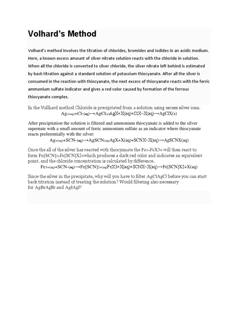 Volhard Method Chloride Titration | PDF